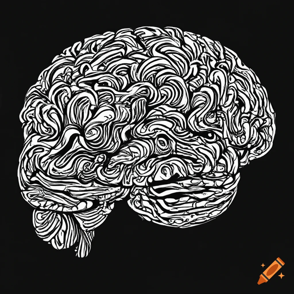 Black and white line colouring book image of a realistic human brain