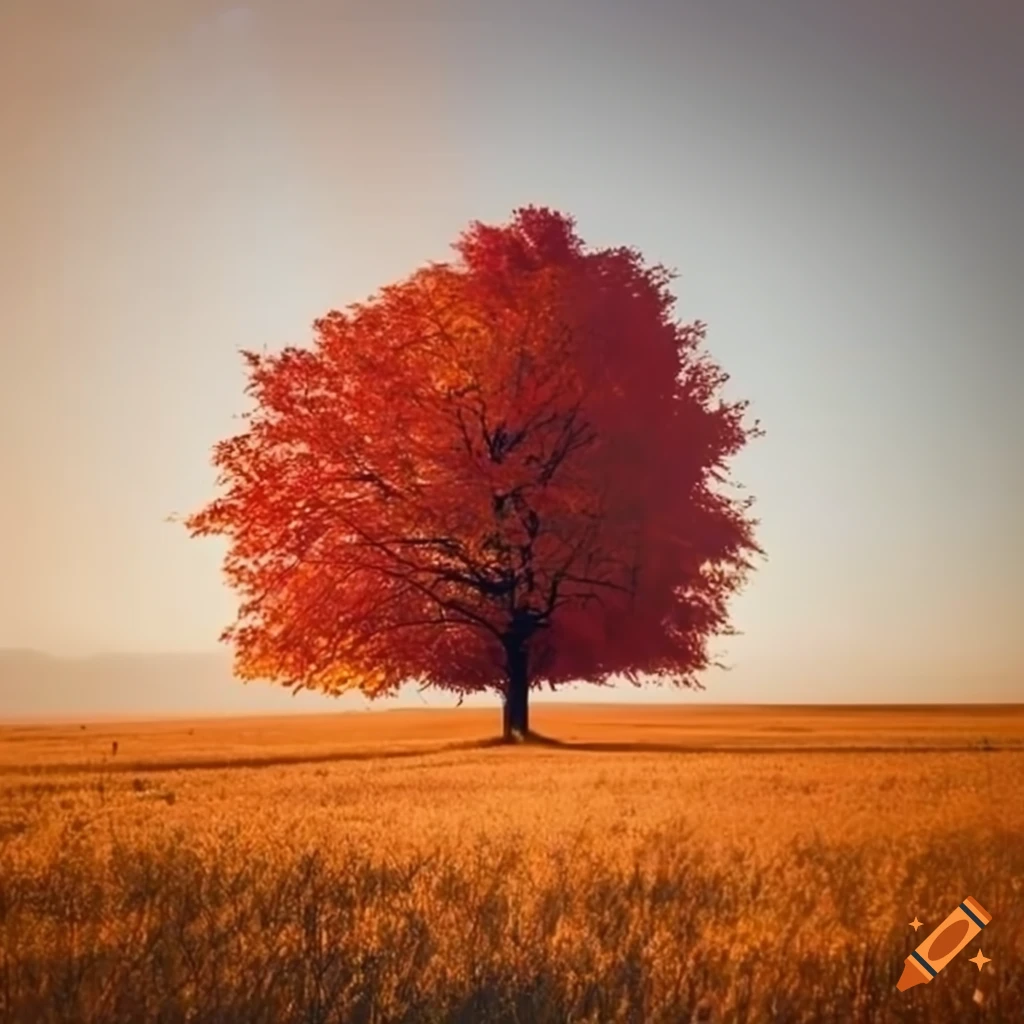 Autumn landscape, meadow with solitary tree, red leaves, golden hour ...