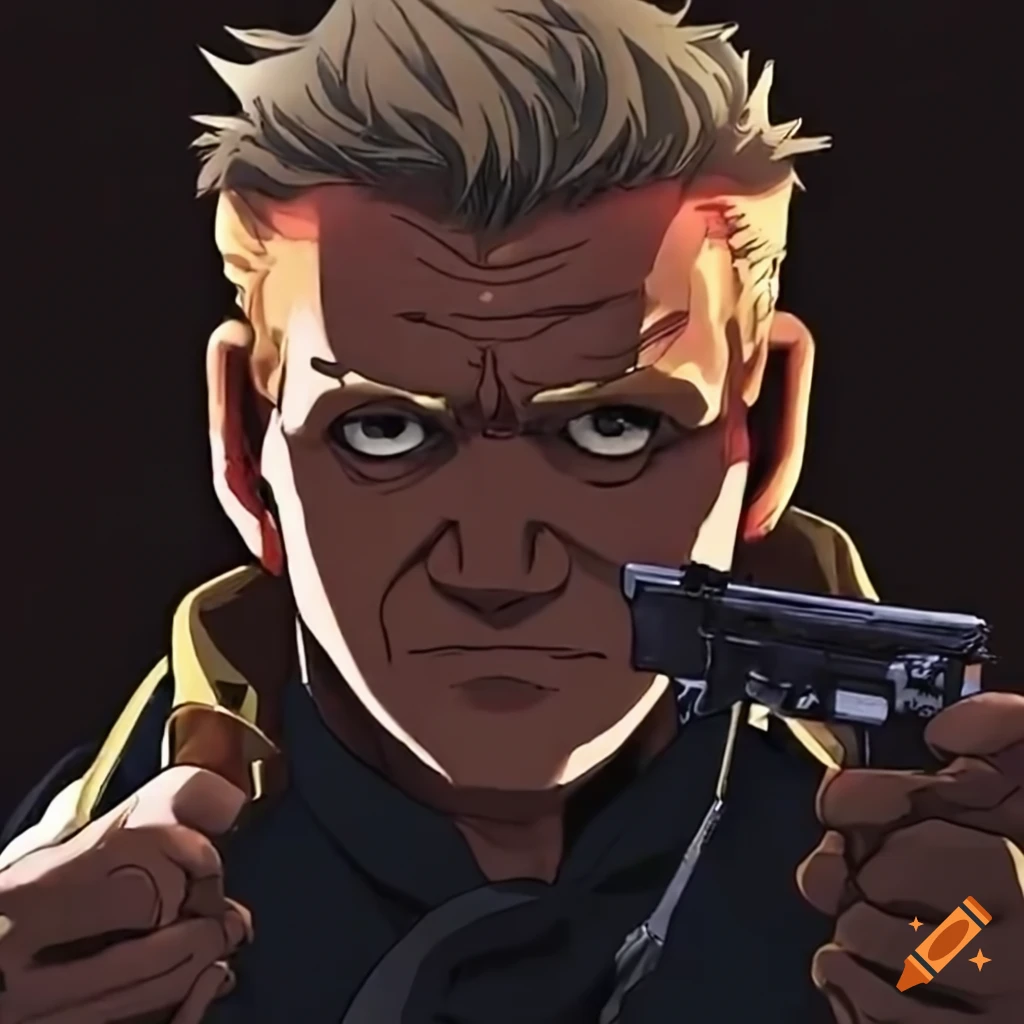 Gordon ramsay in a menacing pose with a firearm