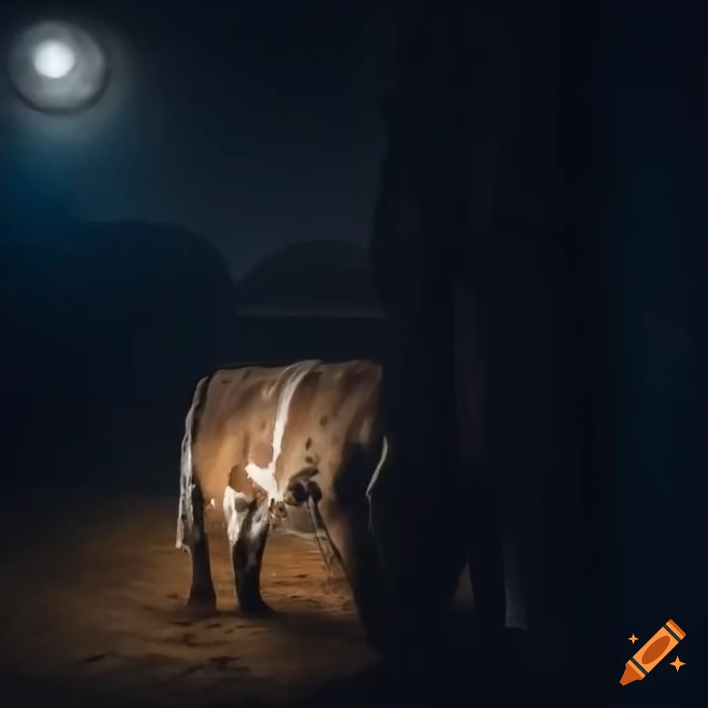 Tiny, sad angel inside a barn with cows at night, moonlight