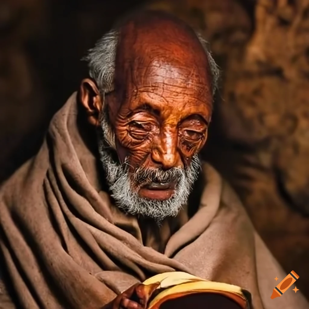 An old priest live in ethiopia in caves reading bible
