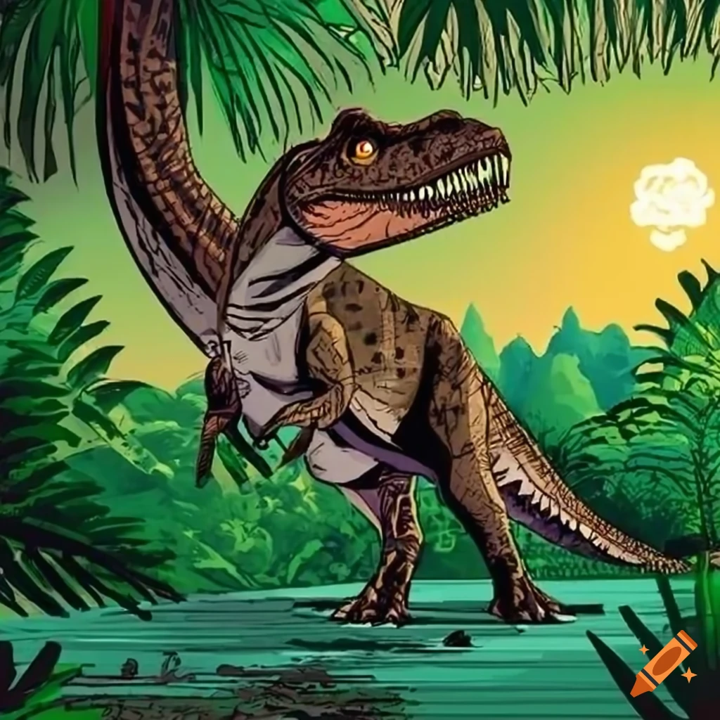 An allosaurus in the middle of a jungle with a comic book style on Craiyon