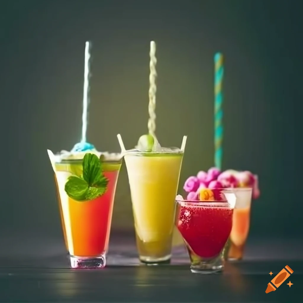 A colorful display of cocktail ingredients including fresh fruits and herbs