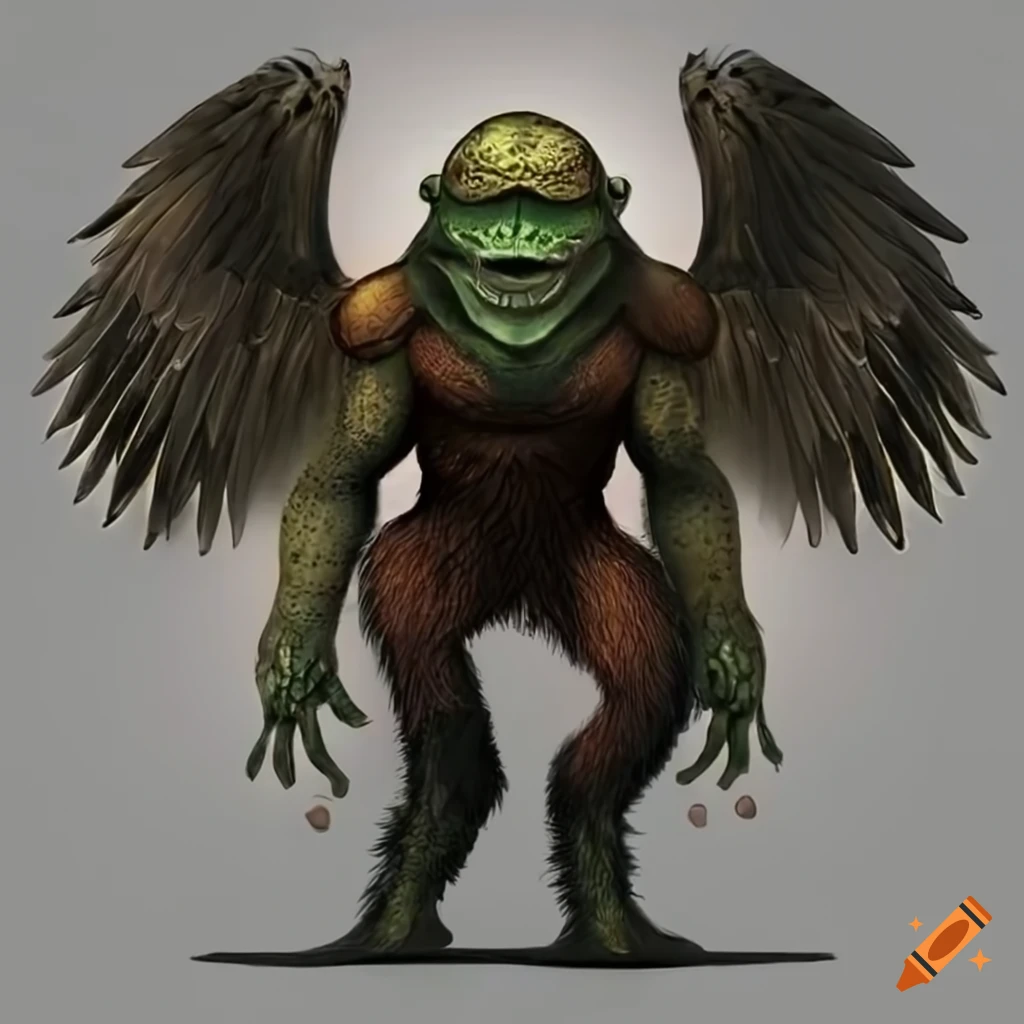 Mythical hybrid gorilla frog turtle with hairy forearms and large wings ...