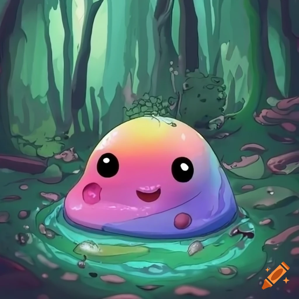 Rainbow slime blob inside a forest on Craiyon