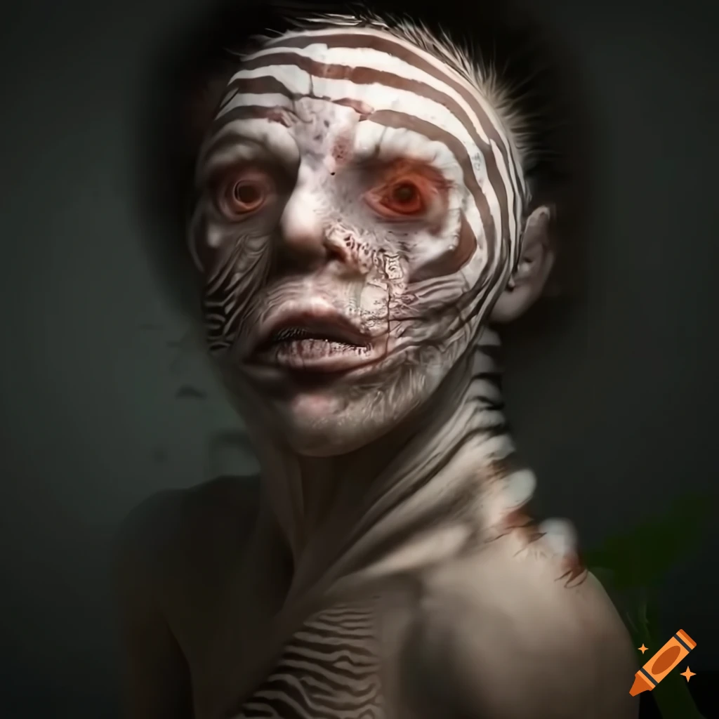 8k, hyper realism, hyper realistic, hyper surrealism, hyper detailed, undead human zebra hybrid ...
