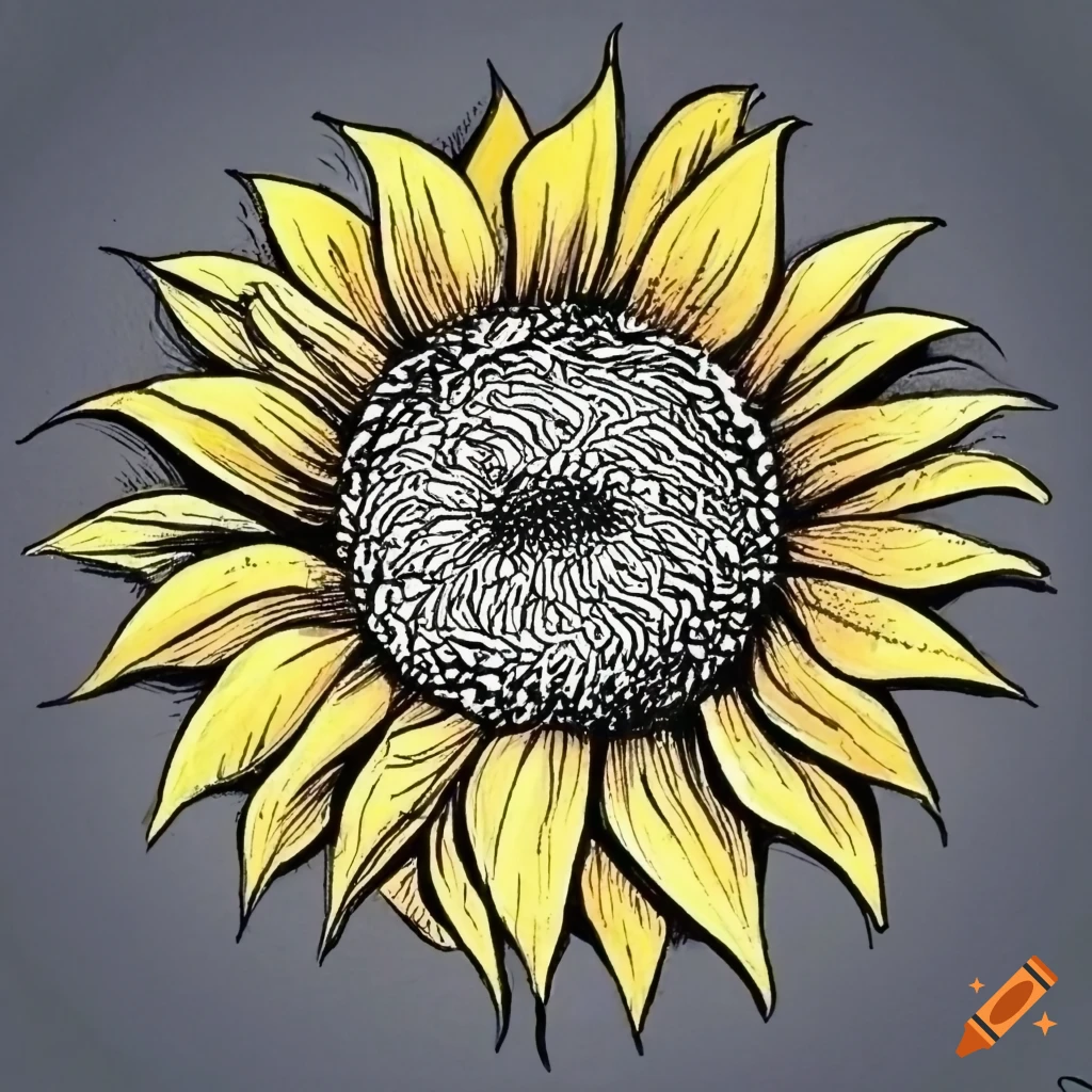 Simple cartoon sunflower, ink drawing, monochrome, etching