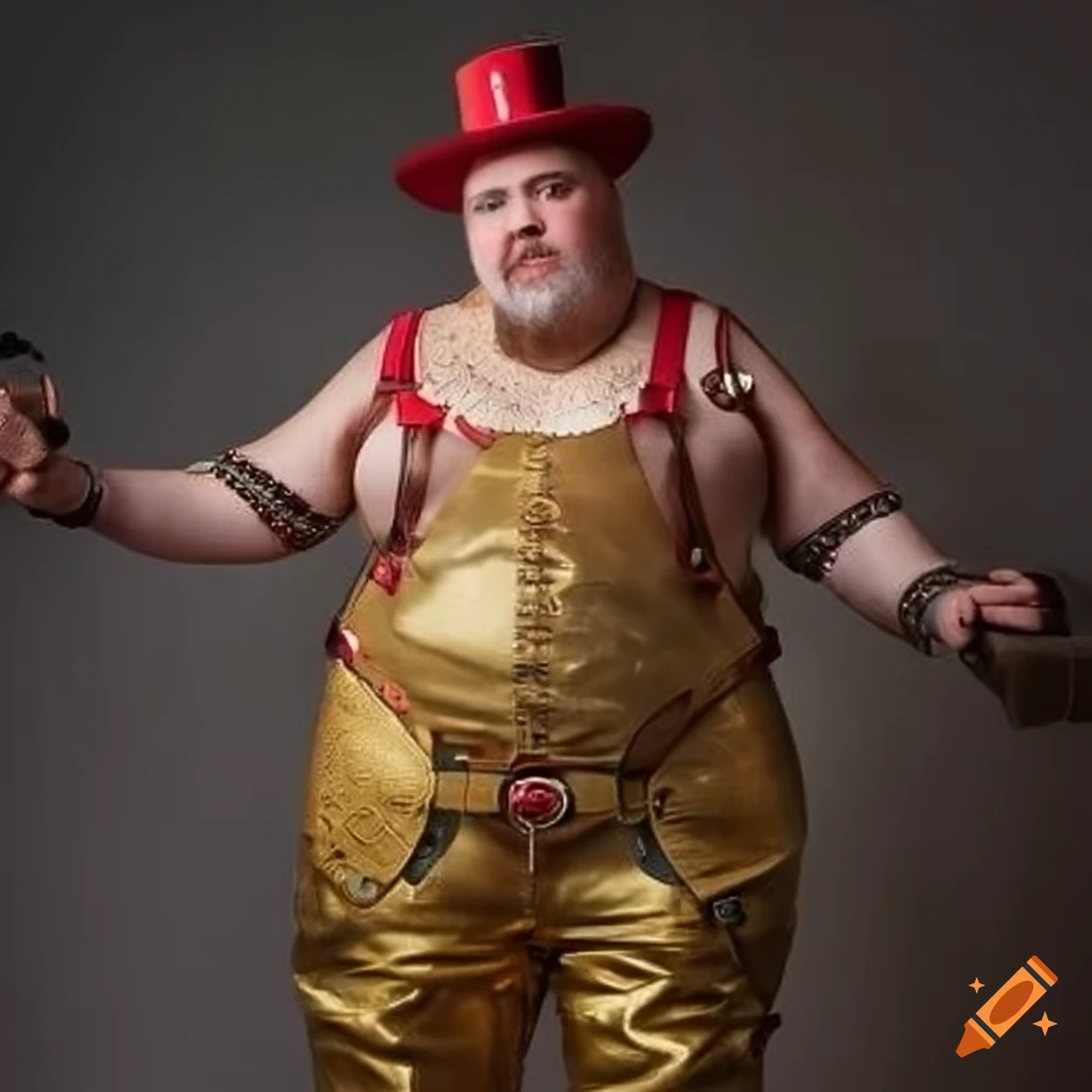 Big fatman in golden waders, red harness, steampunk style
