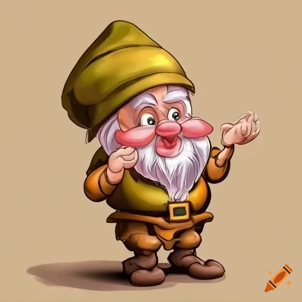 Cartoon image of a dwarf with a cap respectfully begging