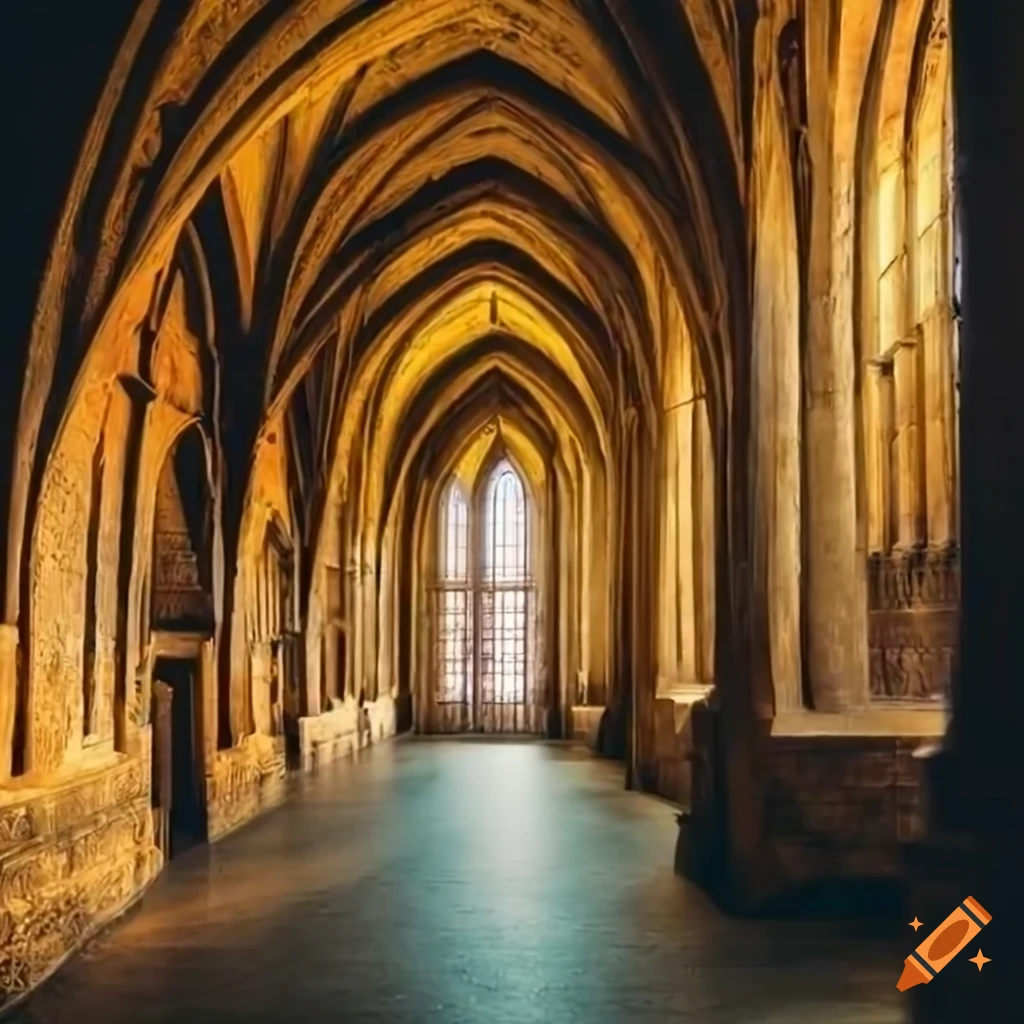Hogwarts castle corridor golden hour on Craiyon