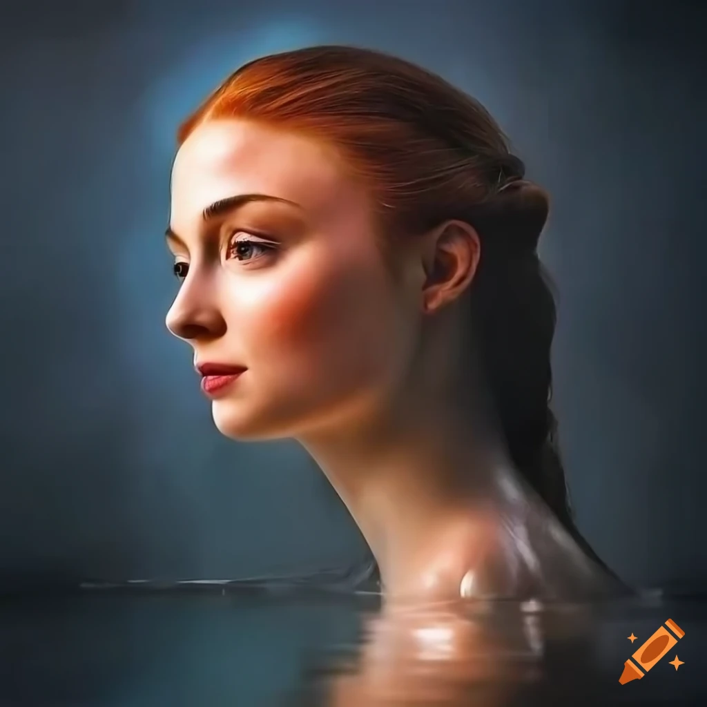 Gorgeous "sansa stark", red lips, big eyes, in steaming hot spring japanese onsen bath bathing ...