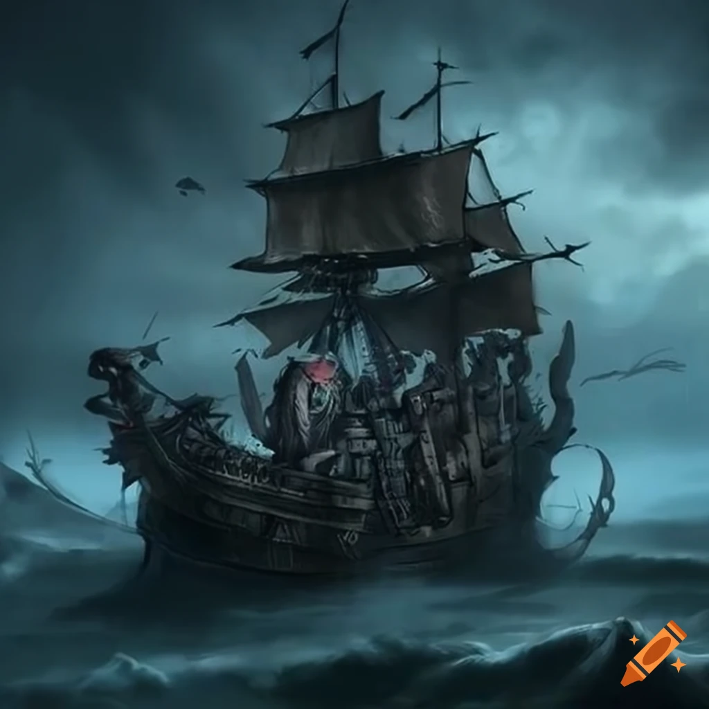 Dark fantasy crew of cyborg pirates setting sail on a stormy night