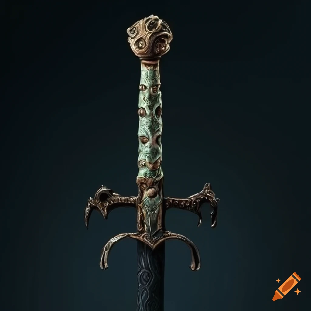 An ancient sword adorned with serpentine hilt, inspired by john howe