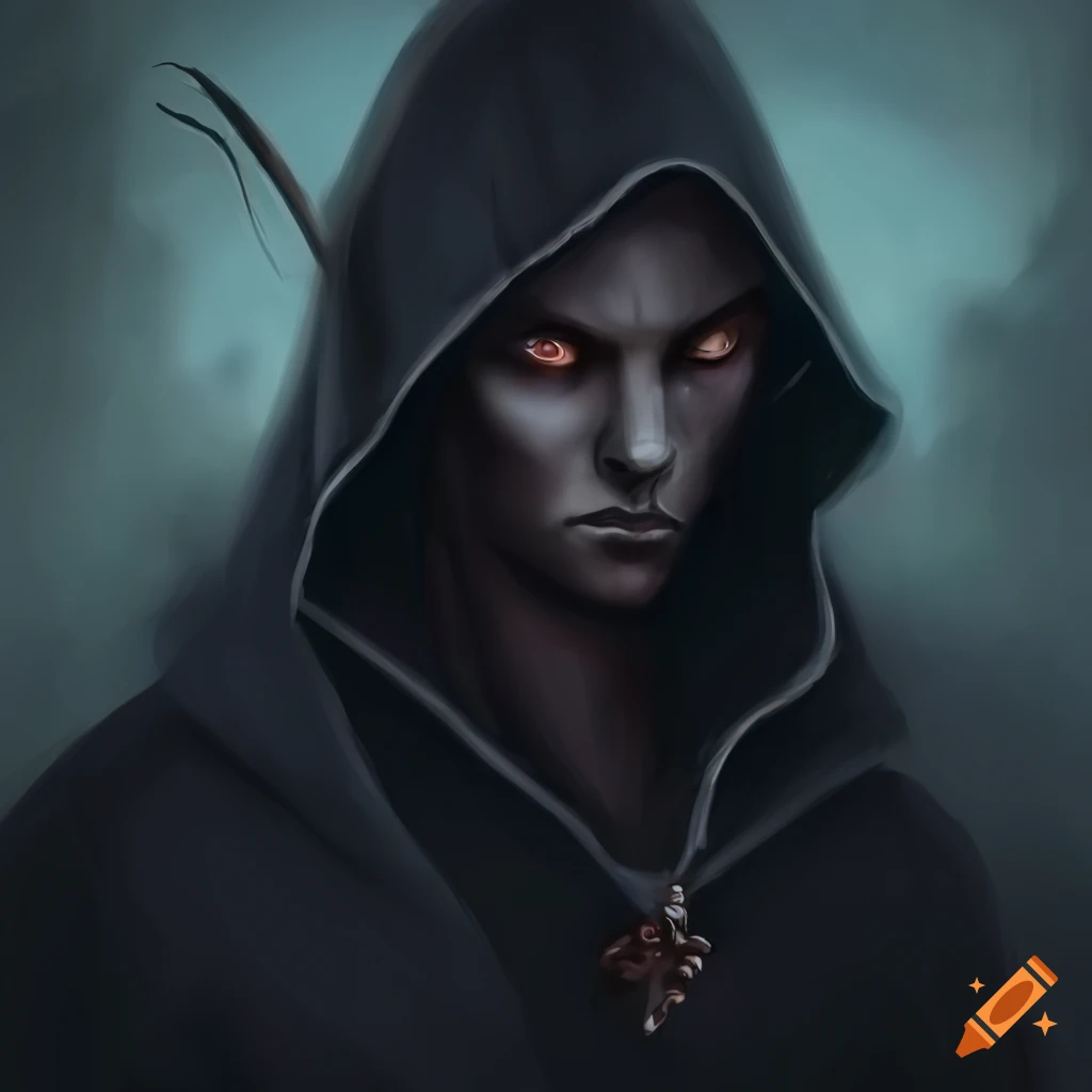 Portrait of a mysterious hooded male dhampir on Craiyon