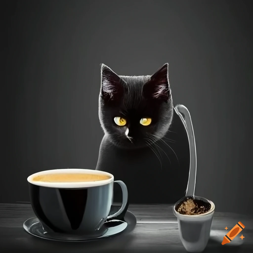 Black cat drink coffee on Craiyon