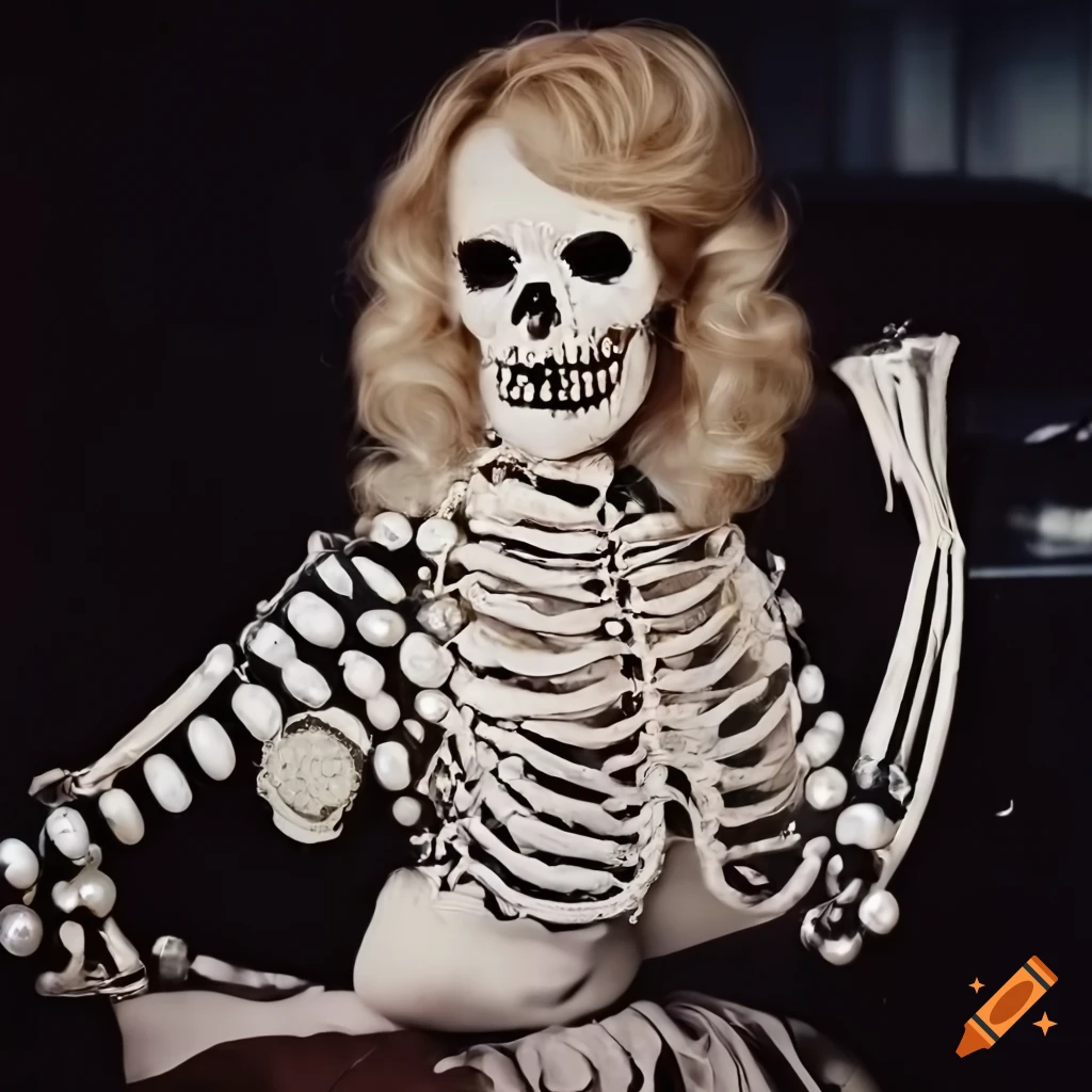 A skeleton dressed like a 1950s housewife, polka dot dress, pearl ...