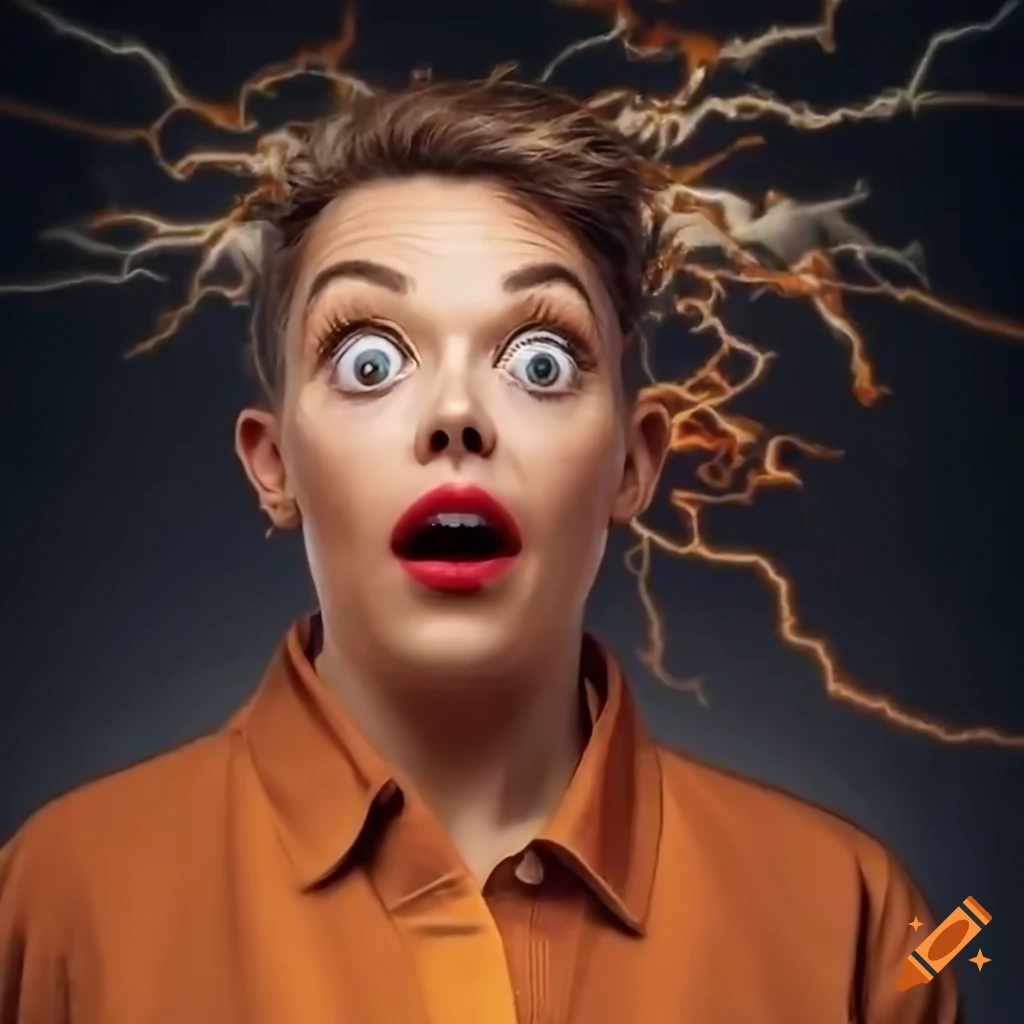 Astonished surprised shocked woman with spiky brown hair wearing pale ...
