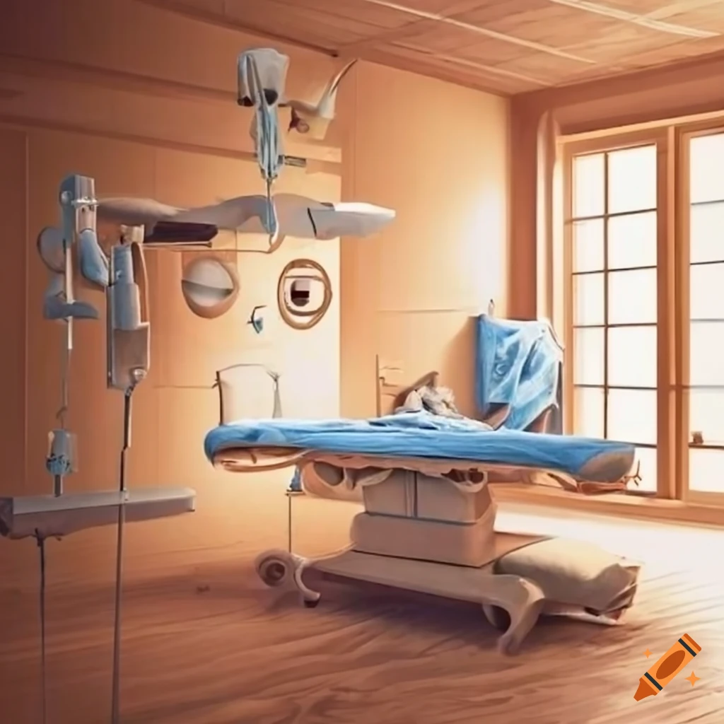 A clean and well-equipped wooden surgical room in the style of a ...