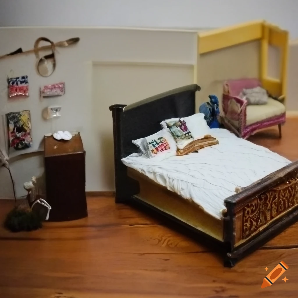 A miniature bedroom, diorama, inside a box