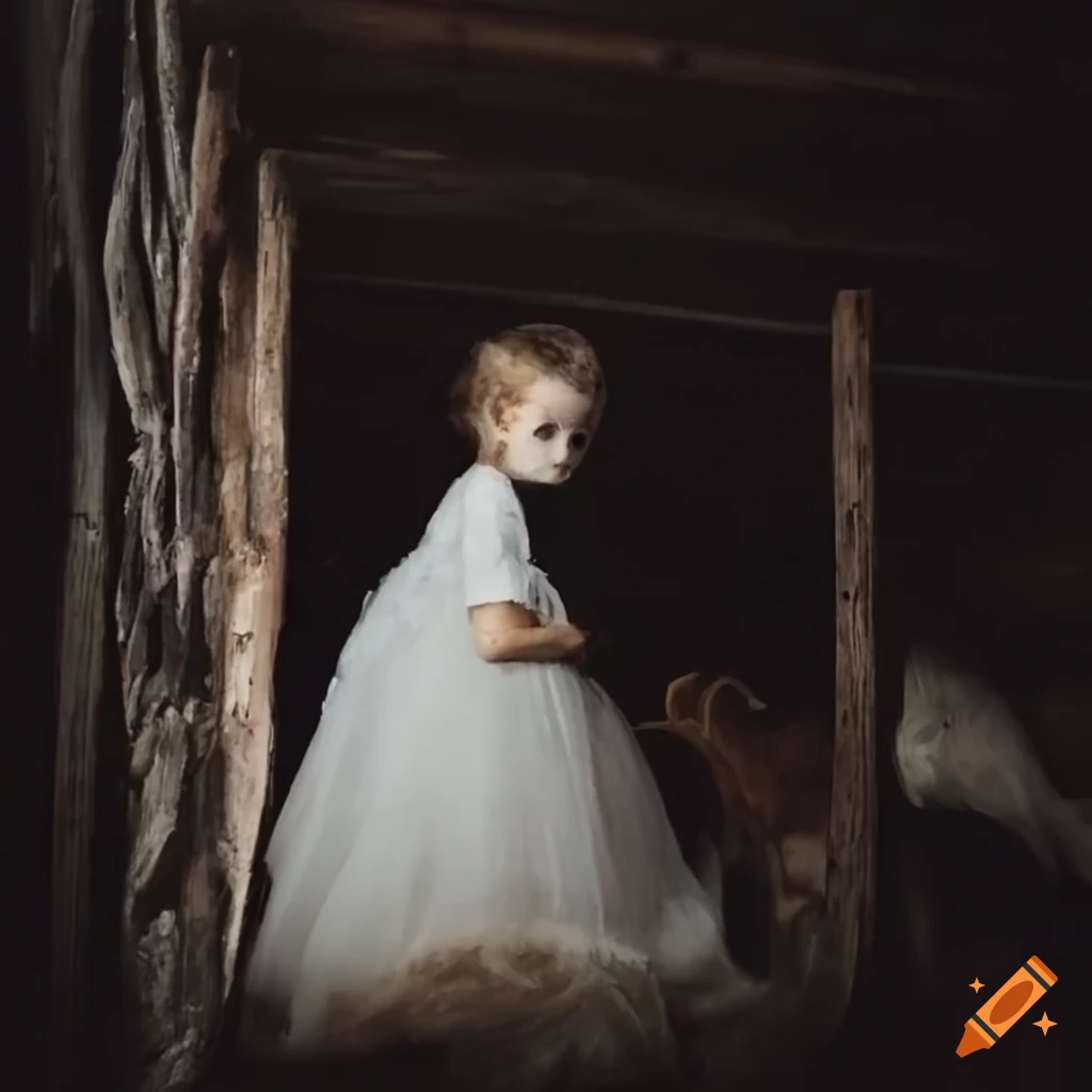 Tiny, sad angel inside a barn with cows at night, moonlight on Craiyon