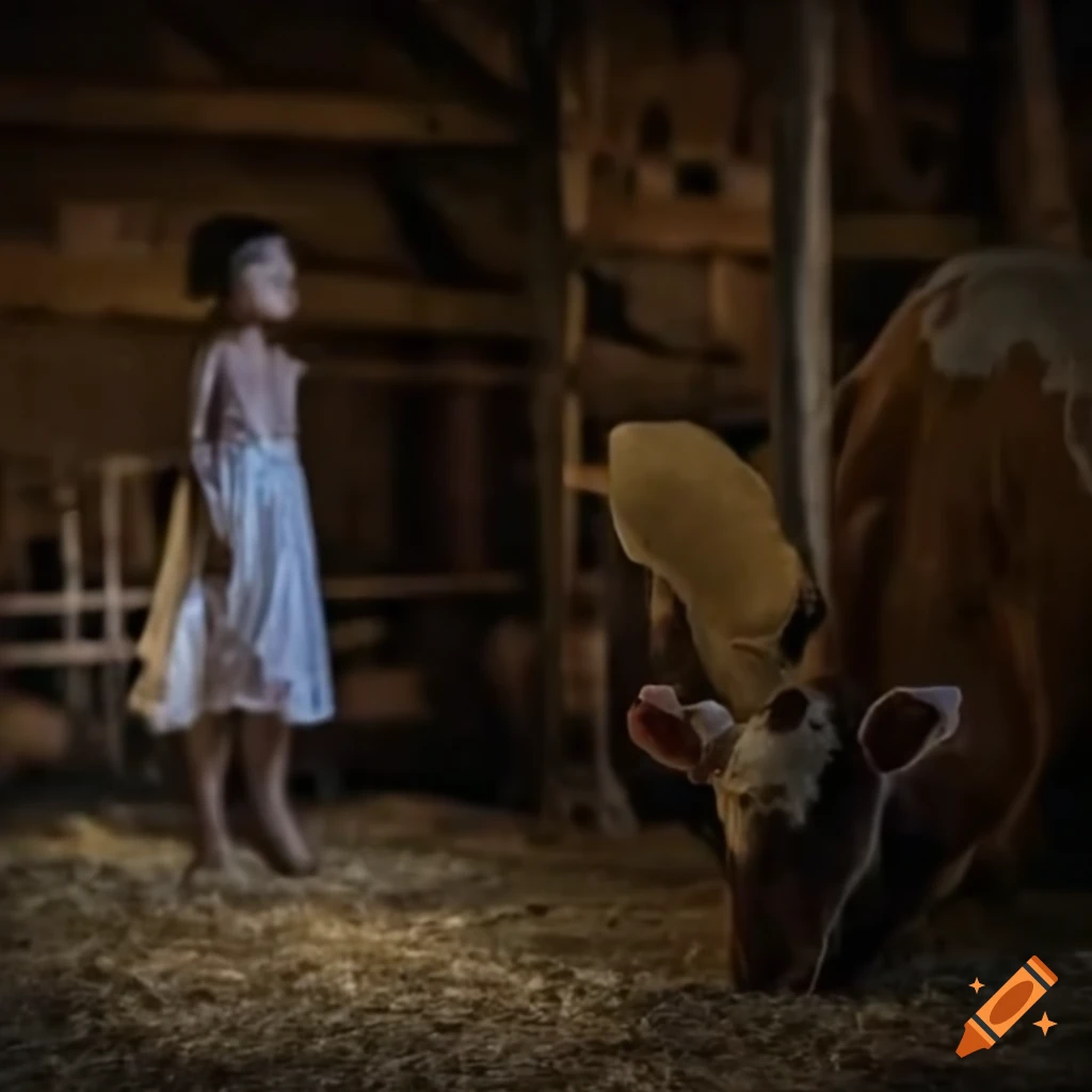 Tiny, sad angel inside a barn with cows at night, moonlight on Craiyon
