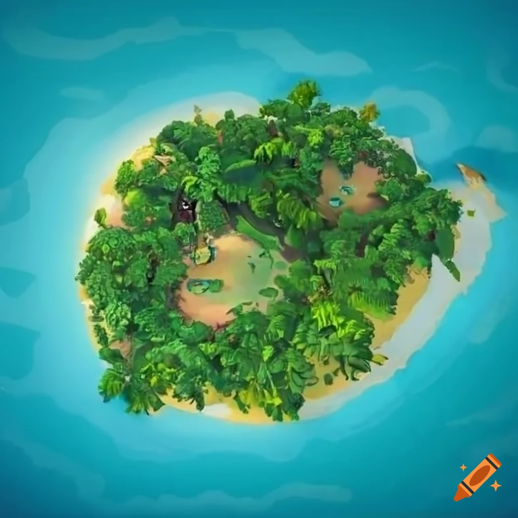 An aerial view above a tropical island with a cartoon rendering
