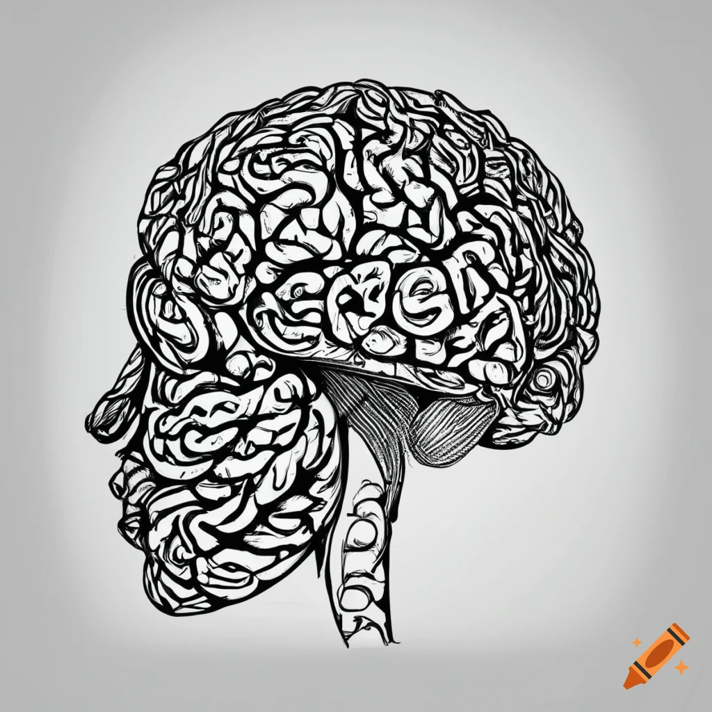 Black and white line colouring book image of a brain secret on white ...