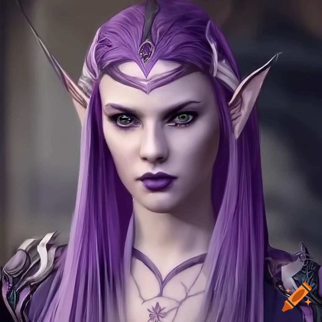Elven woman. silver robe. pale violet skin. dark purple hair. silver ...
