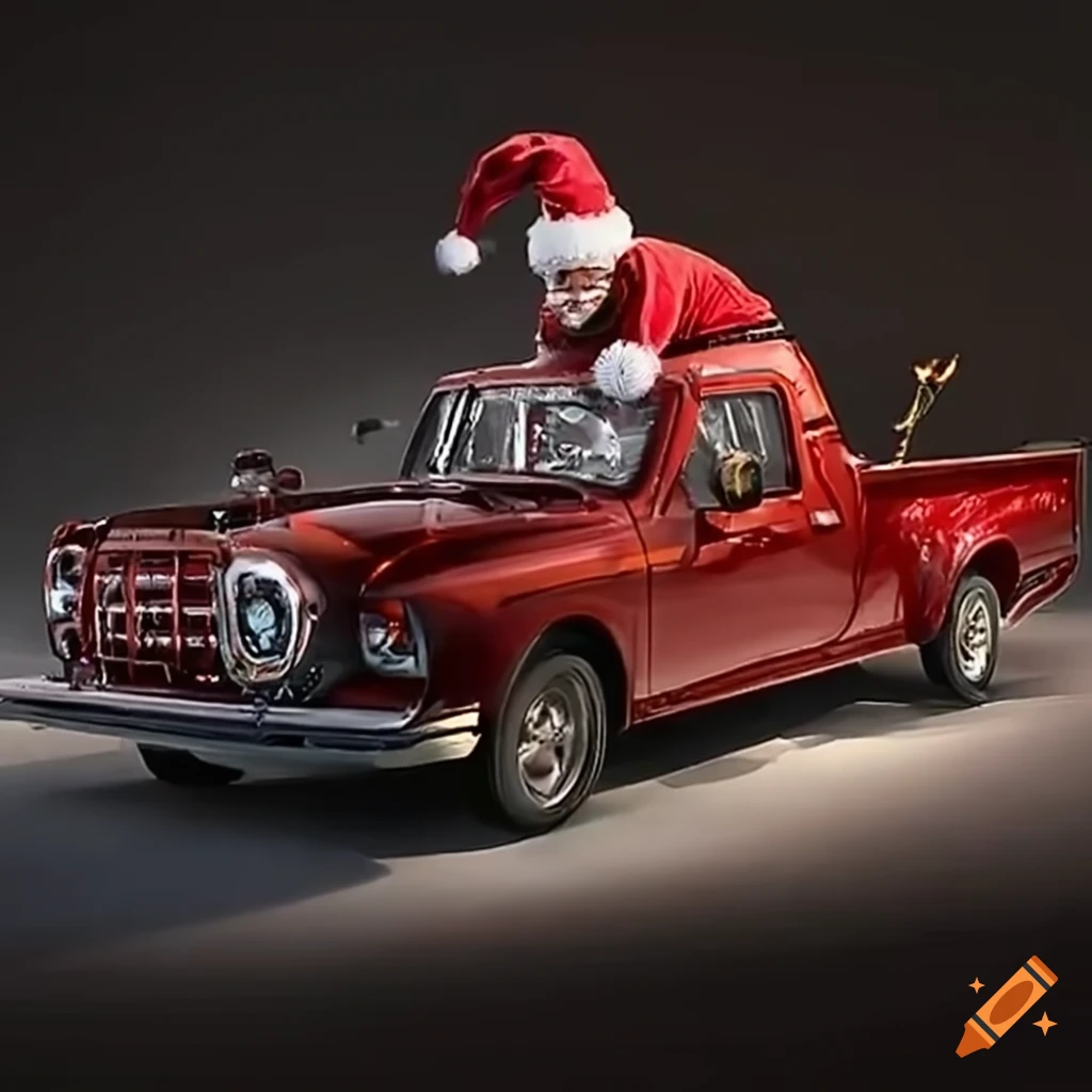 Hyperrealistic ute being towed by santa and his sleigh