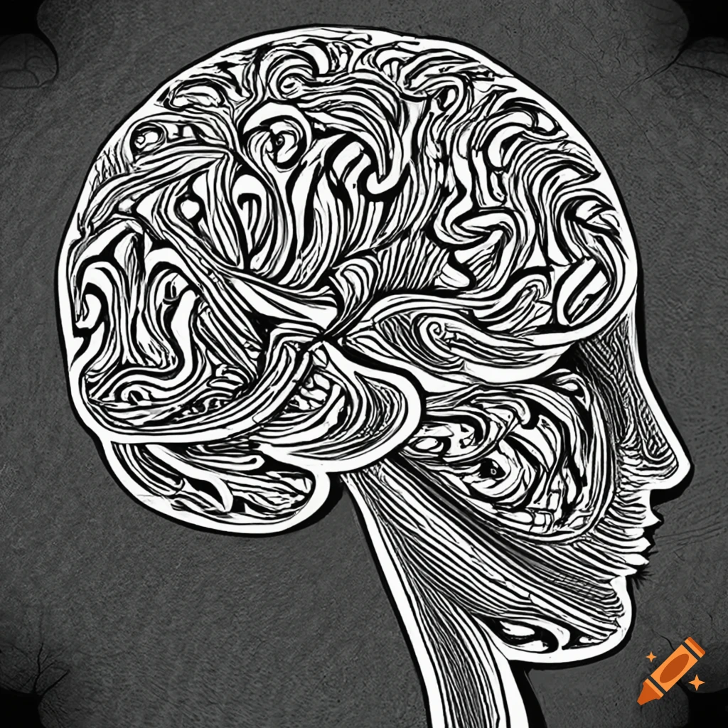 Black and white line colouring book image of a brain on using only ...