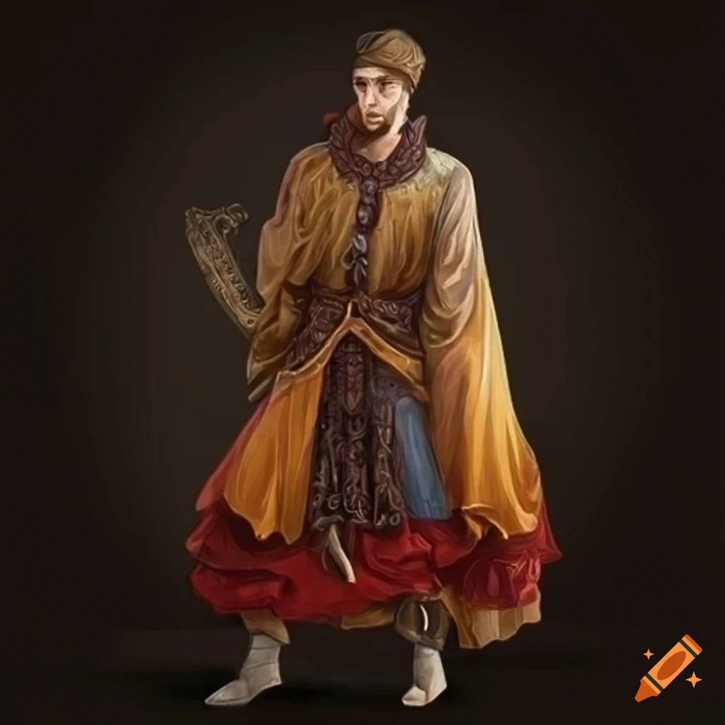 A male character donning gypsy attire in a medieval realm