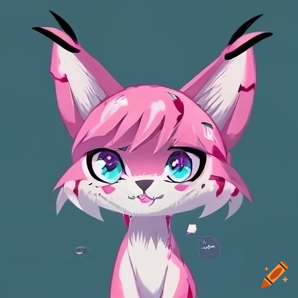 Anime pink lynx with caution sign for left eye cute animal character on ...