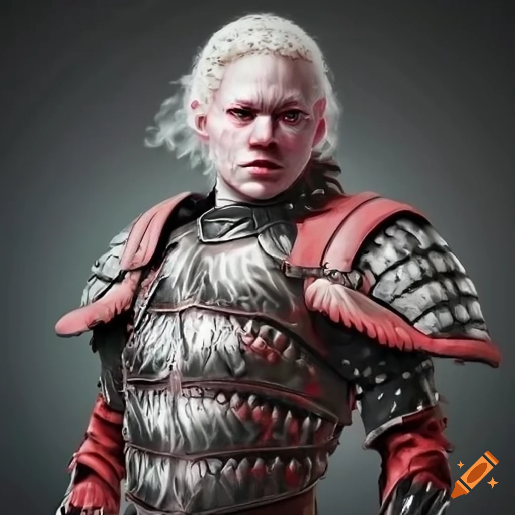 Albino warrior wearing black and red padded armor