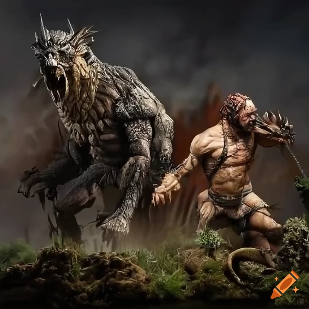 Epic battle scene with mythical creatures in a hyper realistic diorama ...