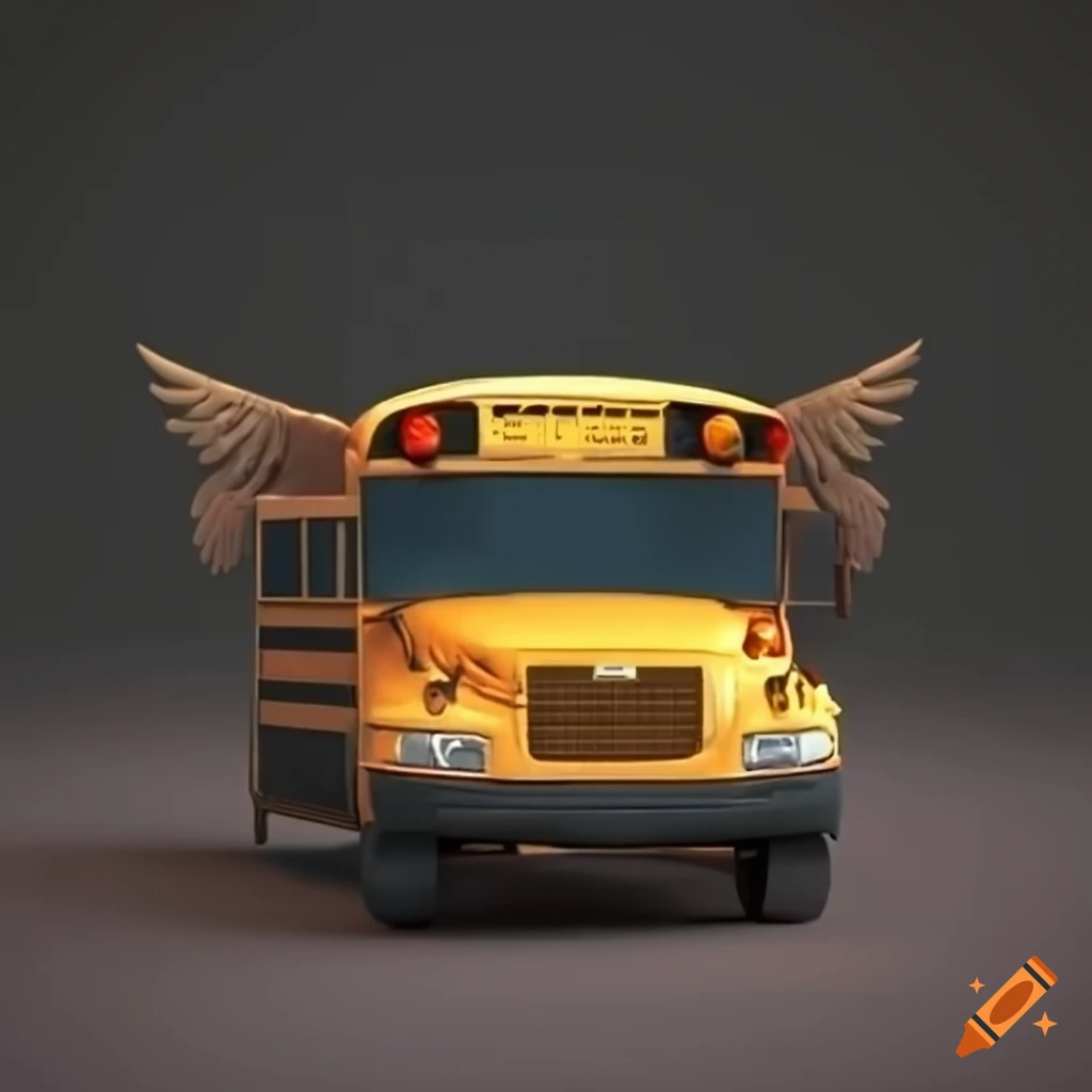 3D model of a school bus with angel wings and a face on Craiyon