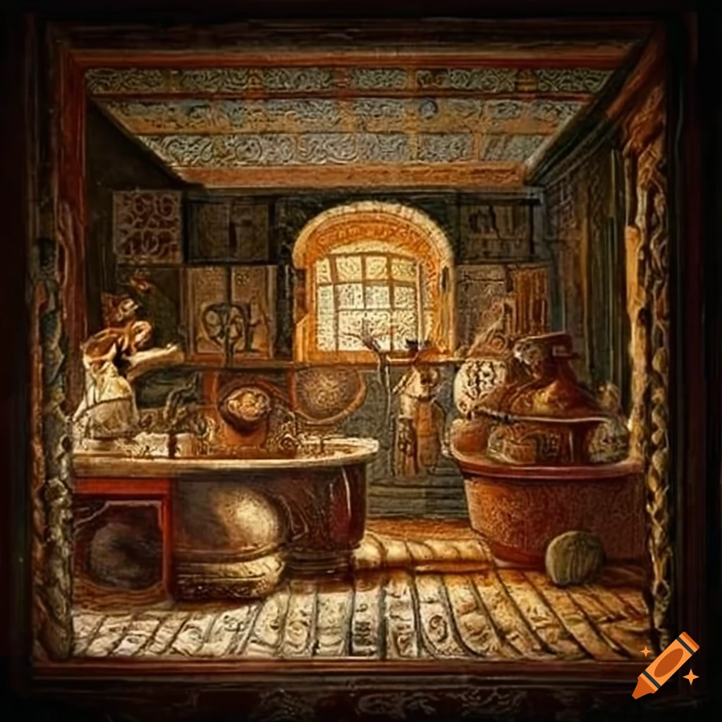 Ancient roman mosaic of a beautiful alchemist with potions