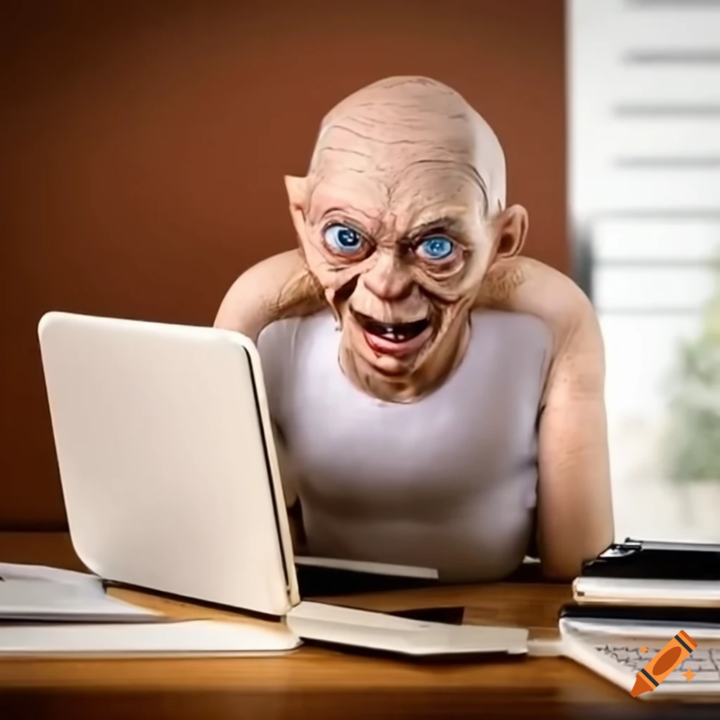 Gollum working in office hunching over a laptop on Craiyon
