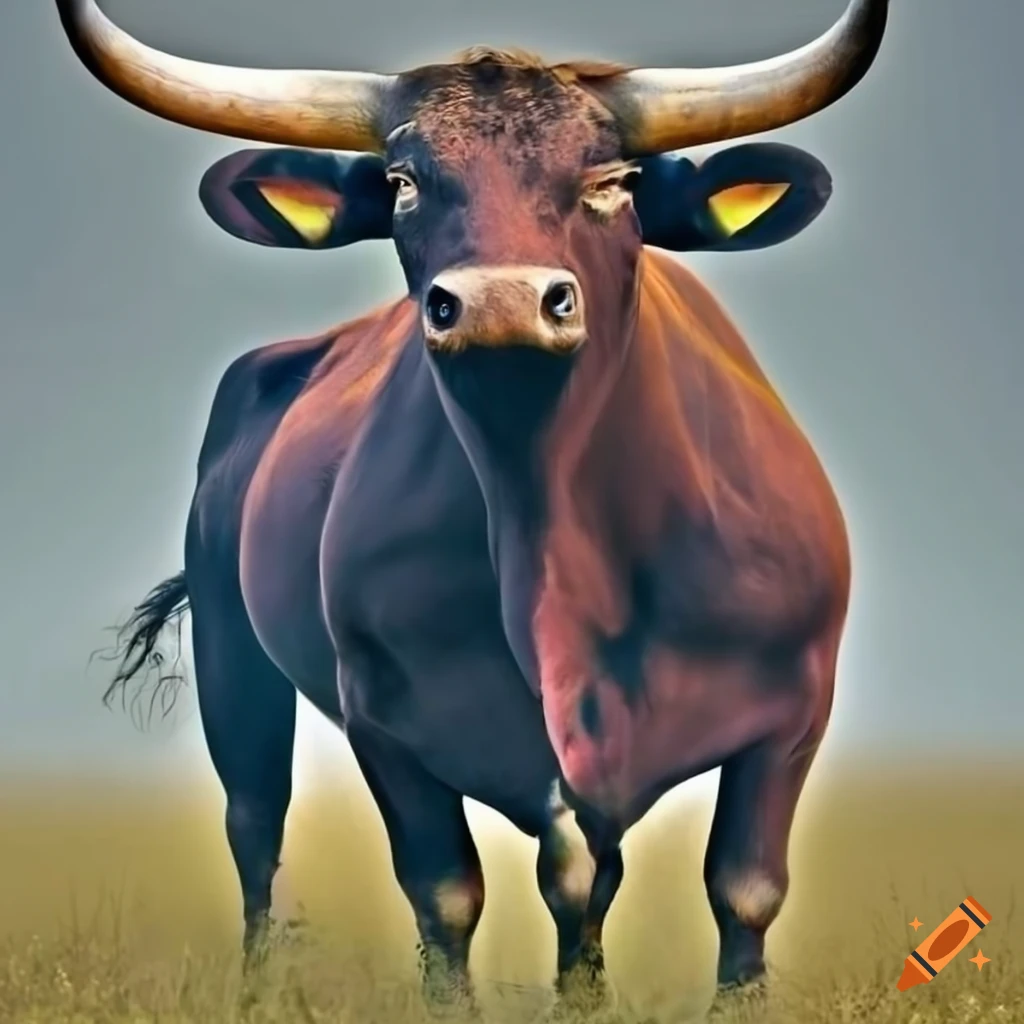 3/4 view of a determined bull standing tall and confident on Craiyon