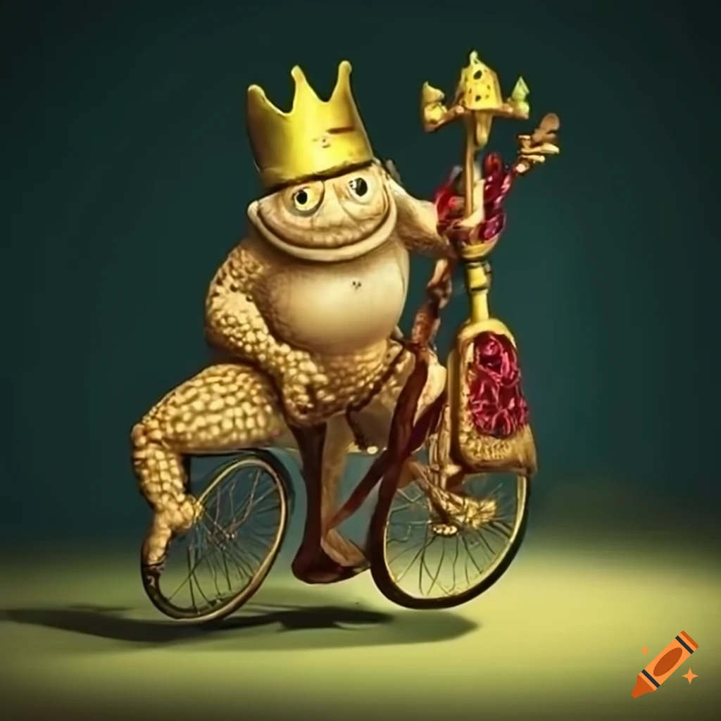The great toad king riding a bicycle on Craiyon
