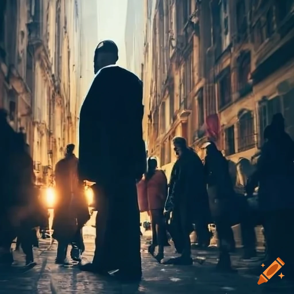 A picture of a huge man standing in the middle of the crowd and ...