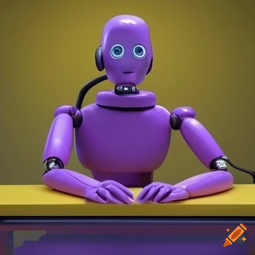 Purple crash test dummy sits at a desk in front of a computer and wears ...