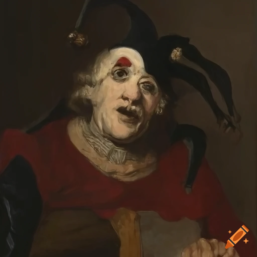 A deformed buffoon jester with the face in the chest, no hat, the left ...