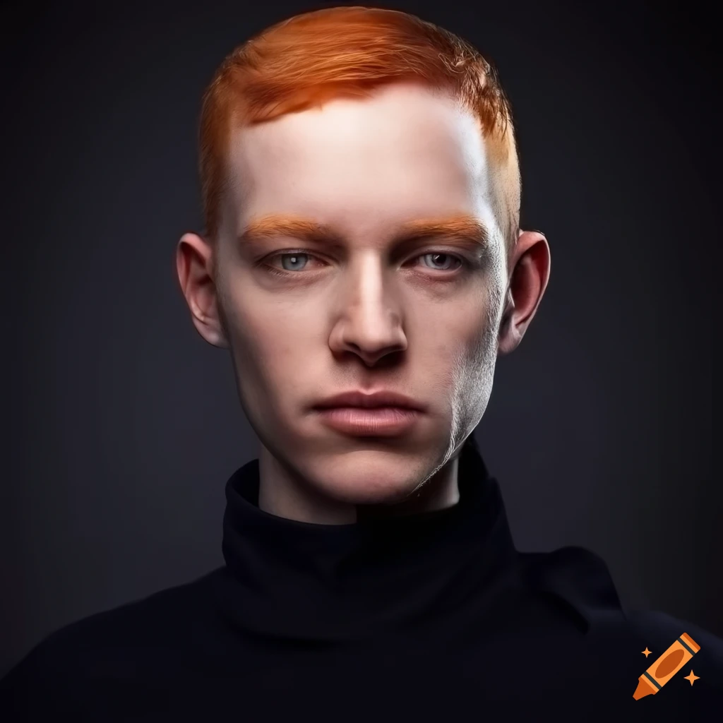 Photo portrait an redhead serious pale adult man with very short hair