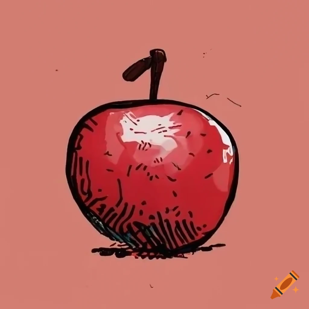 Cartoon apple in the style of keith haring, ink drawing