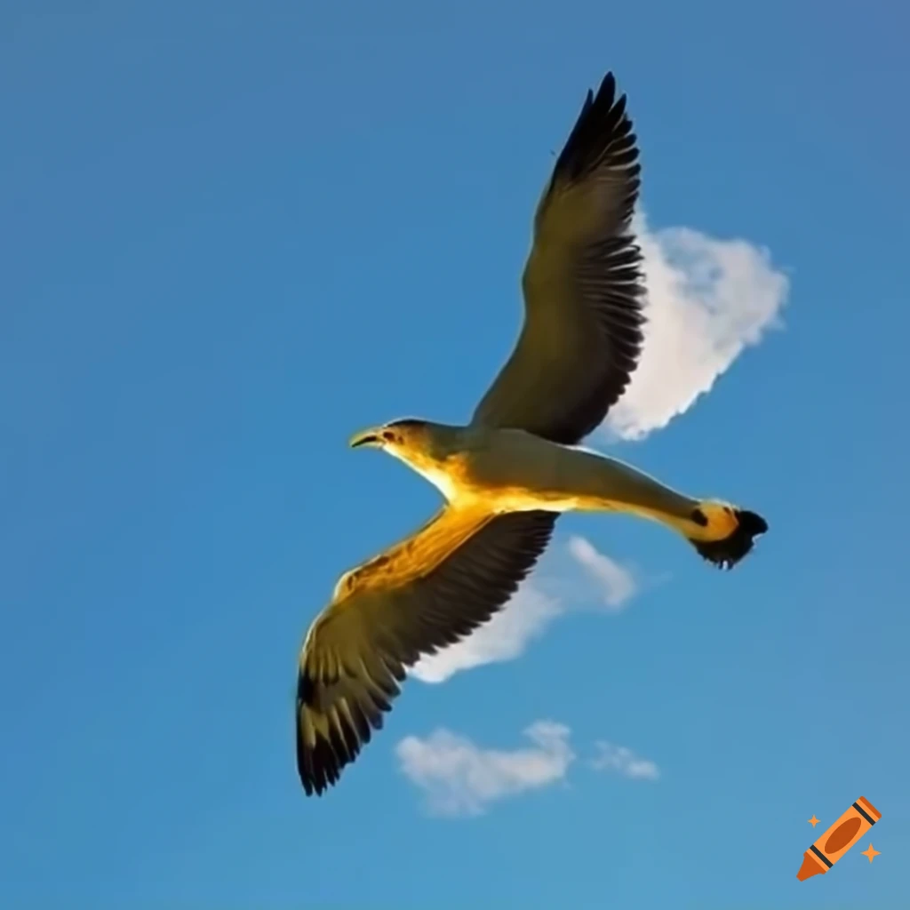 A flying bird in a blue sky