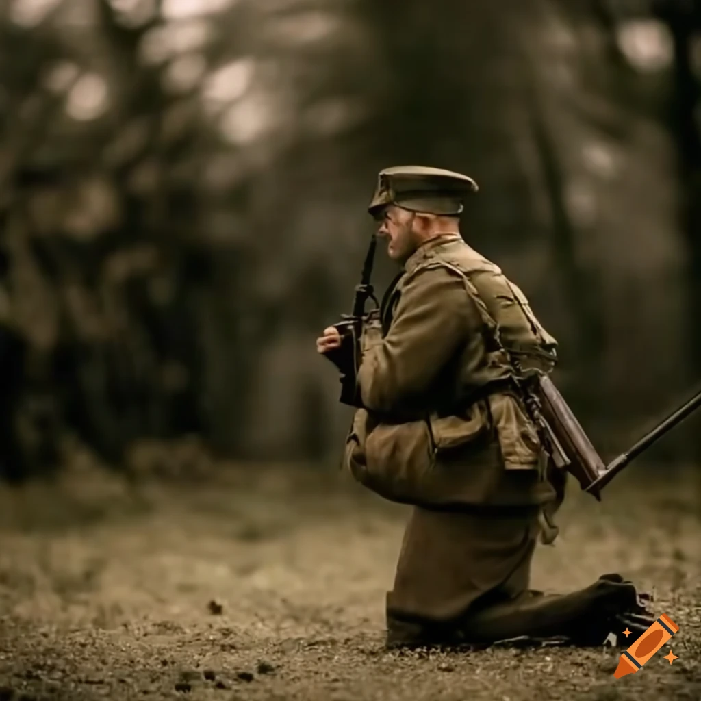 A soldier of the Great War looks in at the viewer in a half-crouch ...