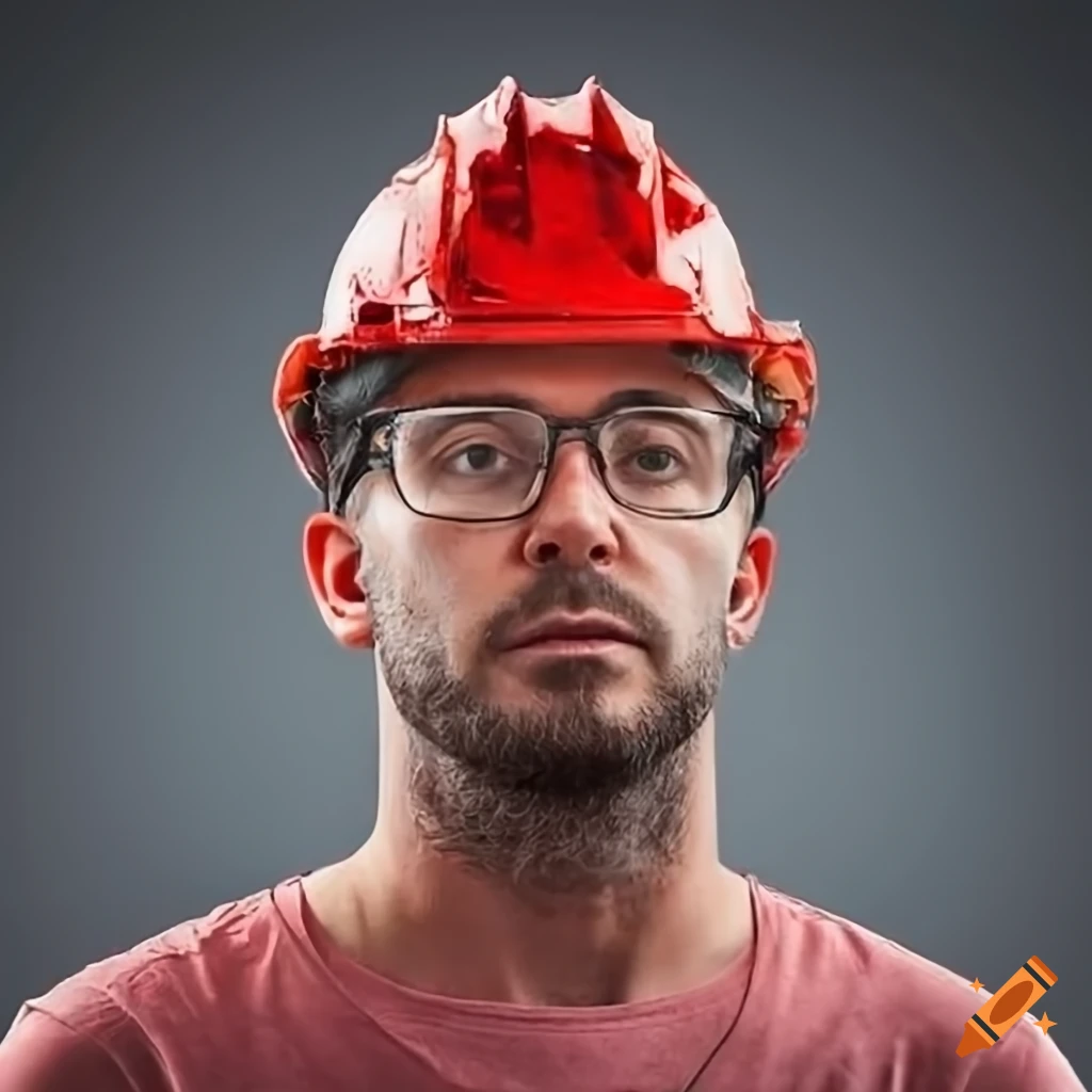 Front-facing-portrait man-age-35 wears red-marble-hardhat on Craiyon