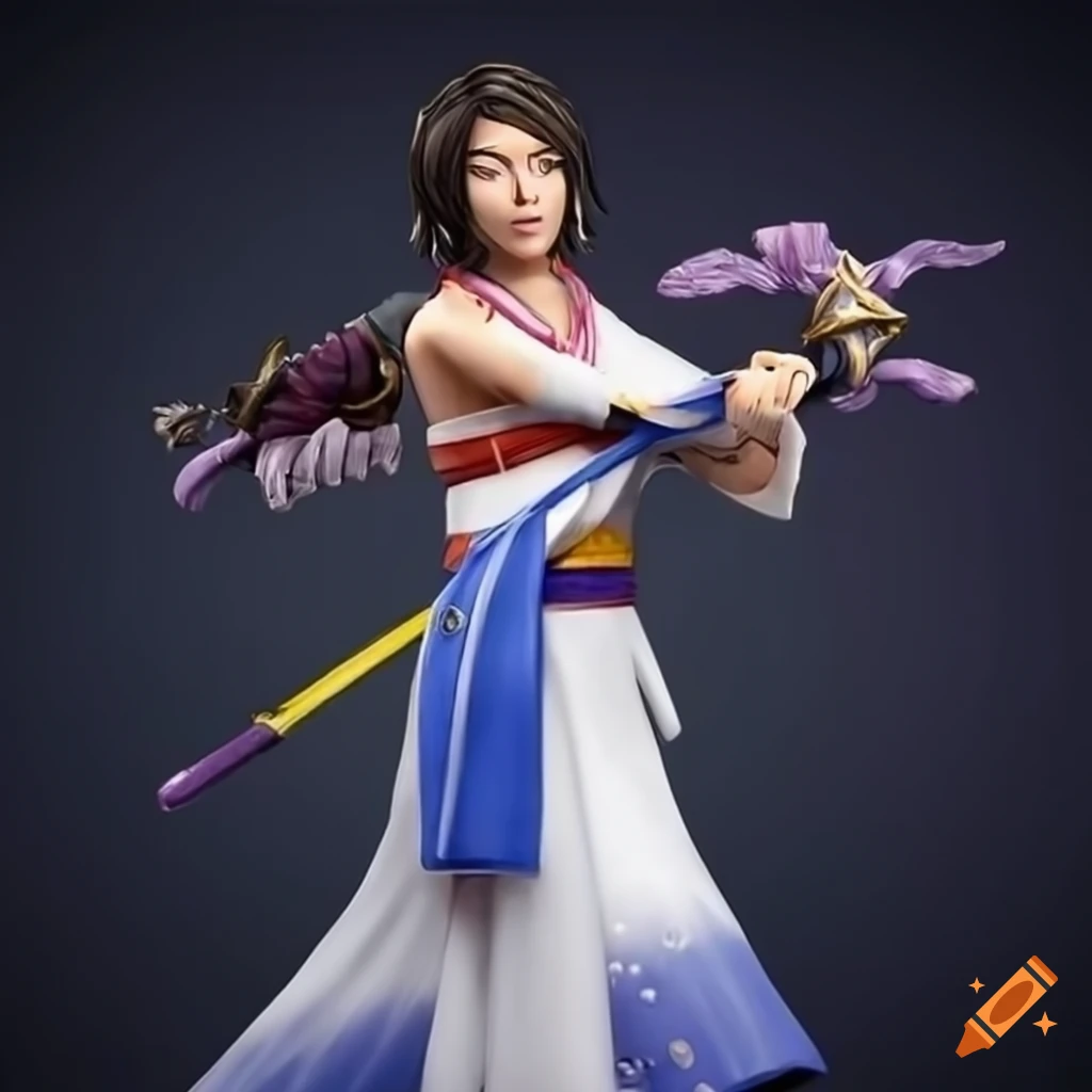 A realistic statue of Yuna from Final Fantasy X with a horn on her head ...
