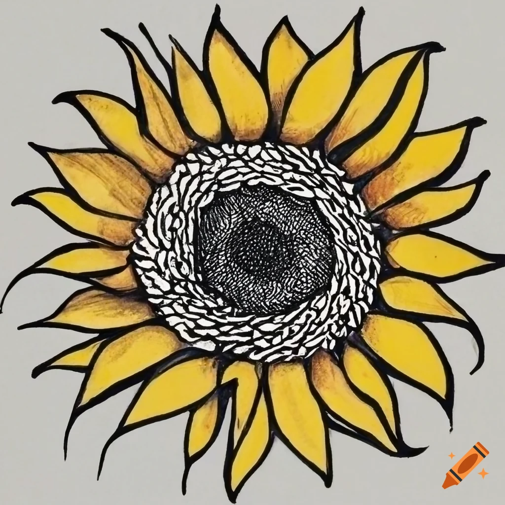 Simple sunflower, ink drawing, monochrome, etching on Craiyon