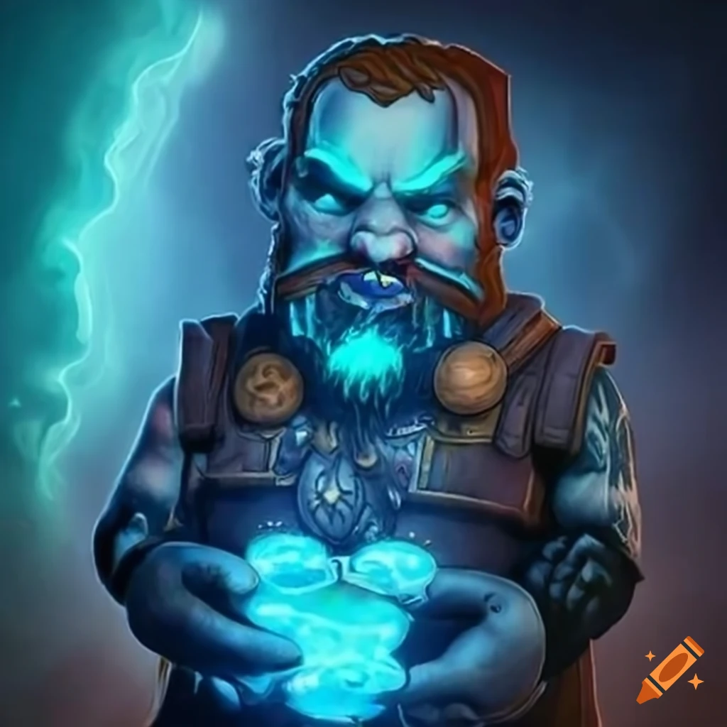 Dwarf starship engineer with blue glowing tattoos across arms and chest